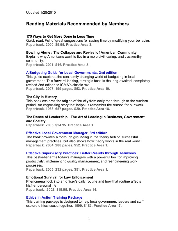 Reading Materials Recommended by Members | icma.org