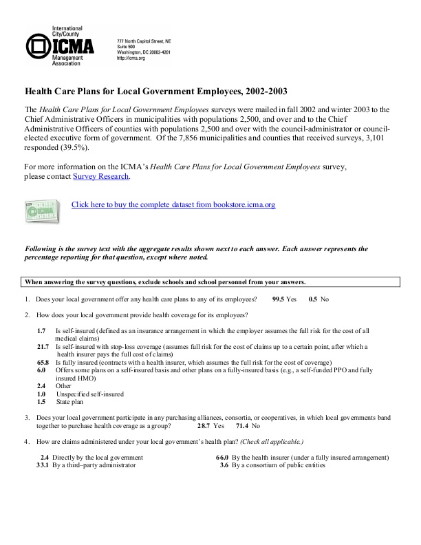 Health Care Plans for Local Government Employees, 2002 | icma.org