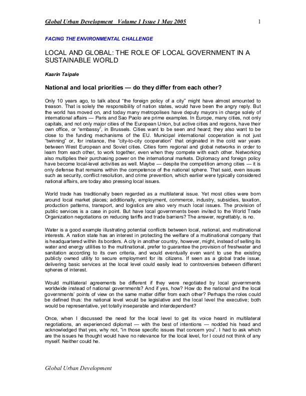 Local and Global: The Role of Local Government in a Sustainable World ...