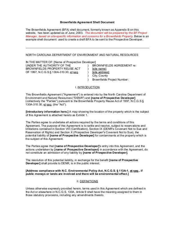 Brownfields Agreement Shell Document (North Carolina) | icma.org