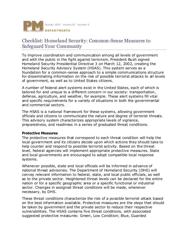 Checklist: Homeland Security: Common-Sense Measures to Safeguard Your ...