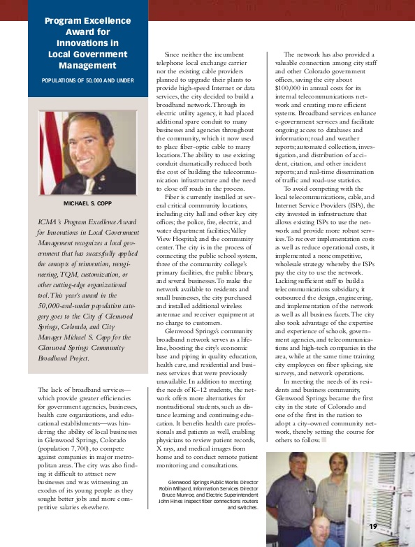 2003 Program Excellence Award for Innovations in Local Government Management: Glenwood Springs ...