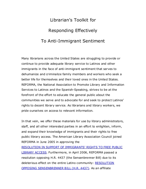 Librarian’s Toolkit for Responding Effectively To Anti-Immigrant ...