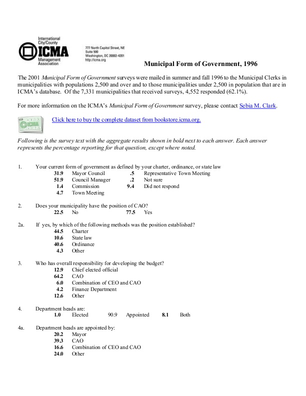 ICMA Survey Research: Municipal Form of Government Survey Results (1996 ...
