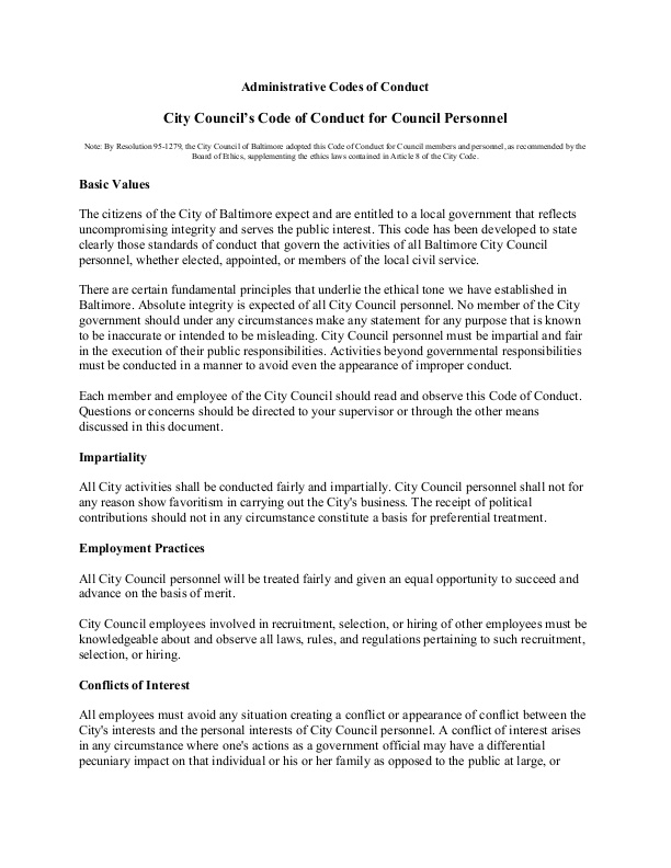 Code of Conduct (Council Personnel): City of Baltimore, Maryland | icma.org