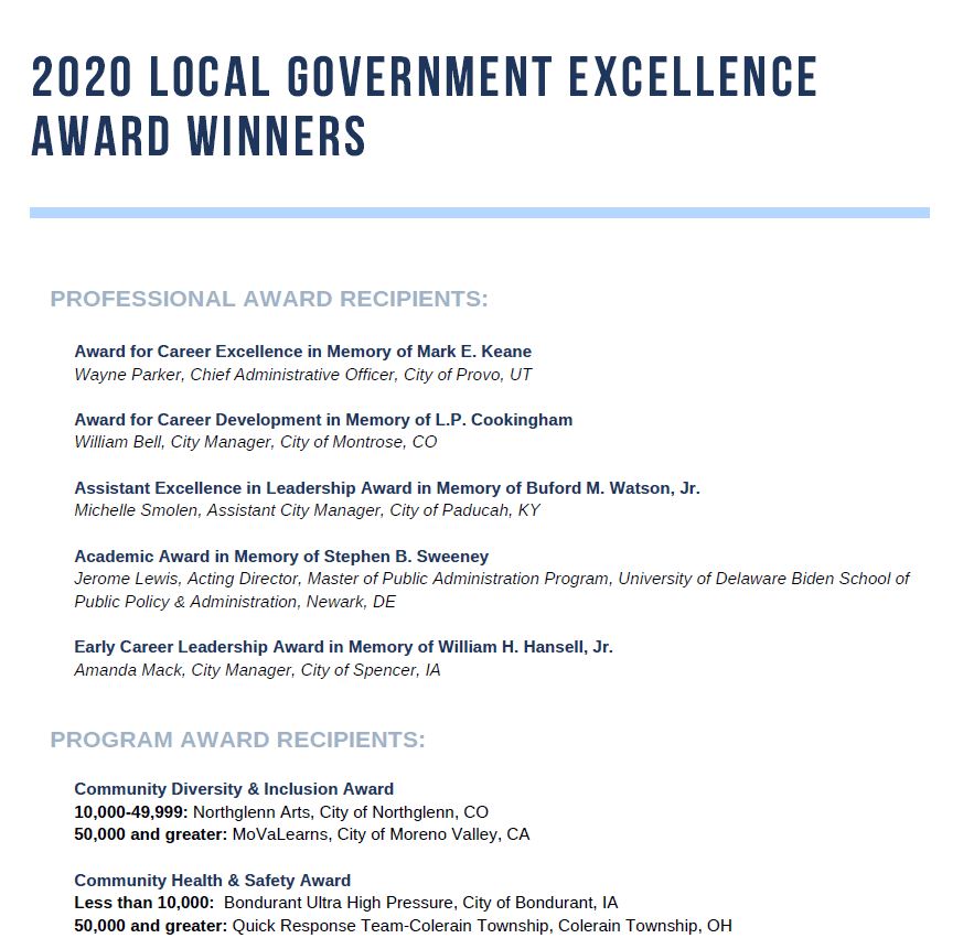 2020 Local Government Excellence Award Winners | icma.org