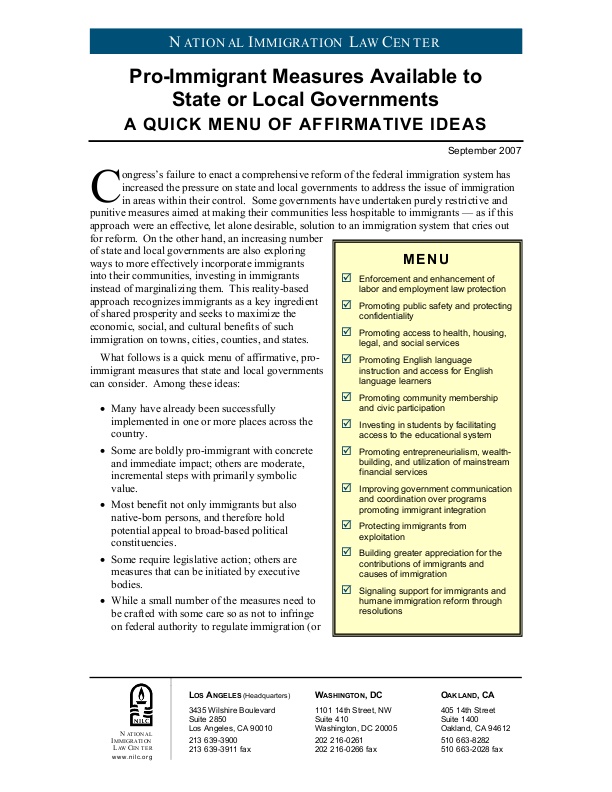 Pro-Immigrant Measures Available to State or Local Governments: A Quick ...