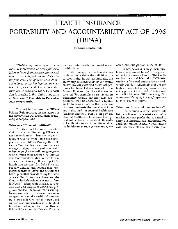 HIPAA Act of 1996 | icma.org