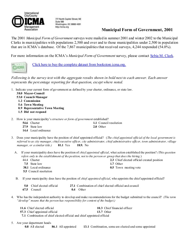 ICMA Survey Research: Municipal Form of Government Survey Results (2001 ...
