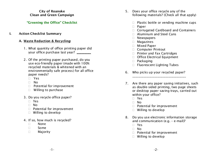 City of Roanoke Clean and Green Campaign: Greening the Office Checklist ...