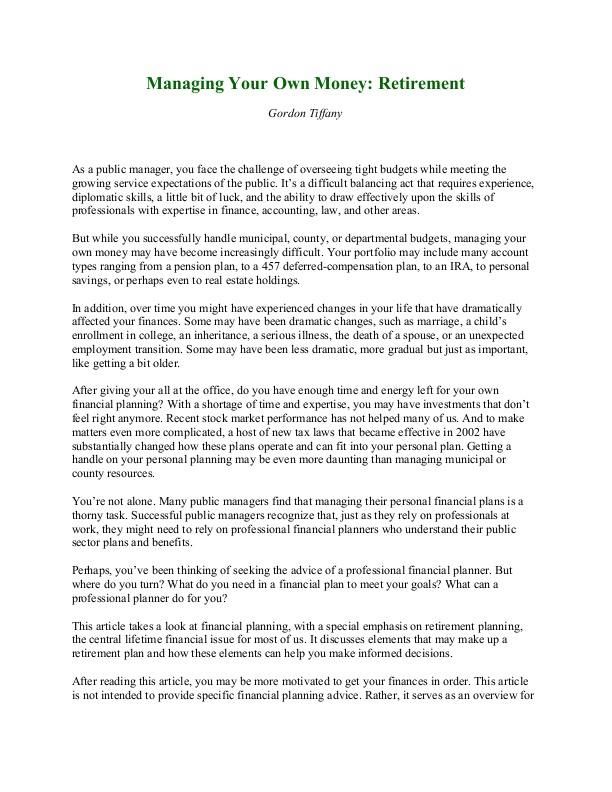 Managing Your Own Money: Retirement | icma.org