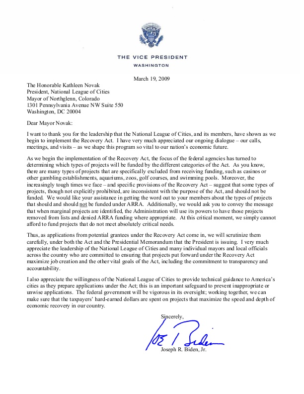 Letter from Vice President Biden to the National League of Cities ...